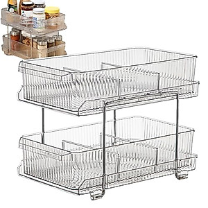 Cupboard Storage Rack, 2 Layer Pull Out Cupboard Storage Rack, Under Sink Cupboard Organizers with Partitions, Kitchen Spices Cupboard Storage Rack, Kitchen Pantry Organizer for Toiletry Pantry
