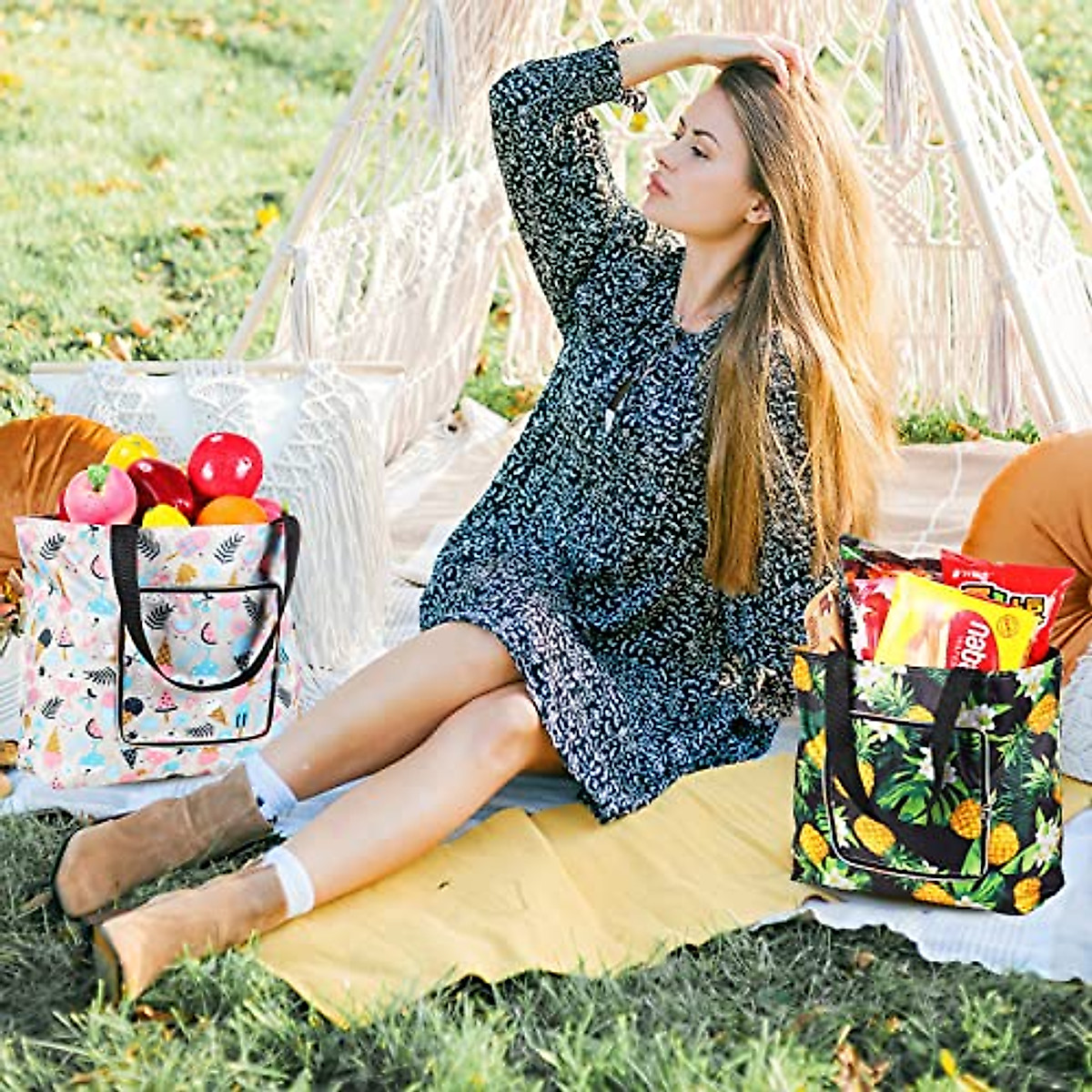 Woanger 4 Pcs Reusable Shopping Bags Washable Foldable Grocery Bags with Handles Zippered Waterproof Tote Oxford(Cute Style)