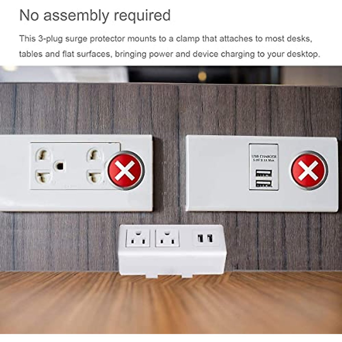 Desktop Edge Power Strip, Removable Clamp Power Outlet Socket with USB Port, 6.5 ft Extension Cord Connect 2 Plugs for Home Office Reading (White)