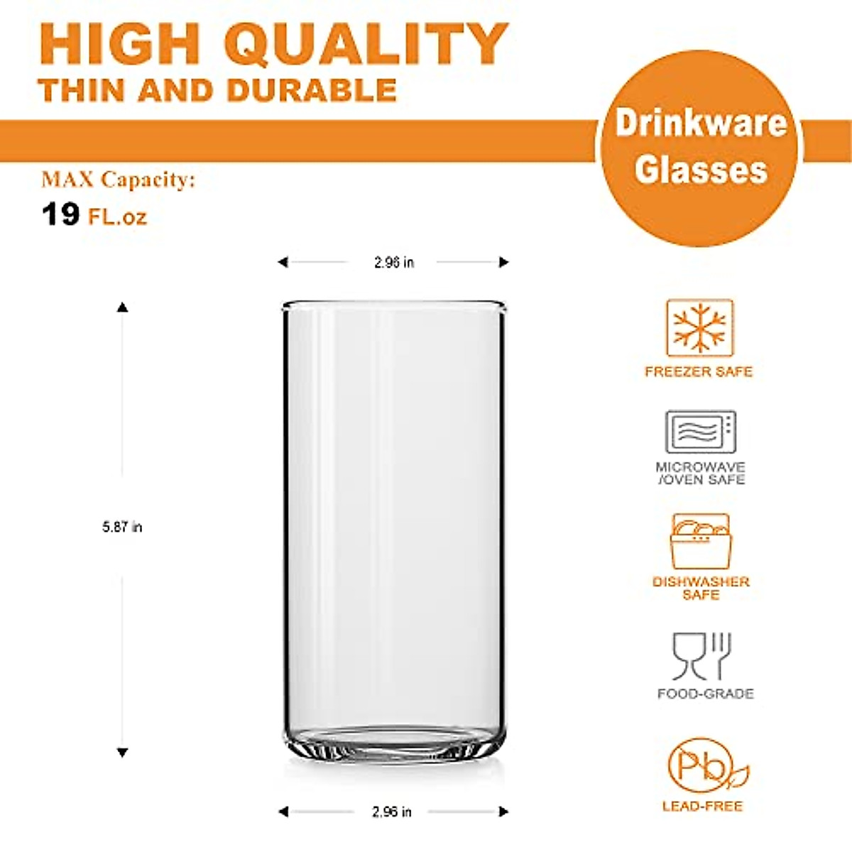 LUXU Drinking Glasses 19 oz, Thin Highball Glasses Set of 4,Clear Tall Glass Cups For Water, Juice, Beer, Drinks, and Cocktails and Mixed Drinks
