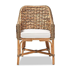 Baxton Studio Kyle Modern Bohemian Natural Brown Woven Rattan Dining Arm Chair with Cushion