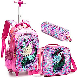 Egchescebo School Kids Rolling Backpack for Girls and Boys With Wheels Trolley Wheeled Backpacks for Girls Travel Bags 3PCS Girls and Boys Backpack With Lunch Box Rose Red