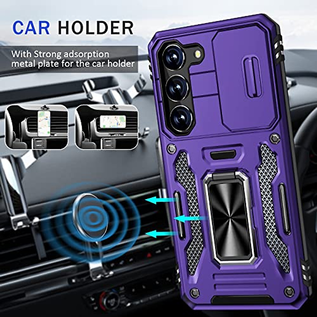 BaHaHoues for Samsung Galaxy S23 Case with Slide Camera Cover for Samsung S23 Case with 360° Rotatable Magnetic Kickstand Ring, Military Grade Shockproof Protective Case for Galaxy S23 5G (Purple)