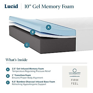 LUCID 10 Inch Memory Foam Mattress - Firm Feel - Infused with Bamboo Charcoal and Gel - Bed in a Box - Temperature Regulating - Pressure Relief - Breathable - King Size