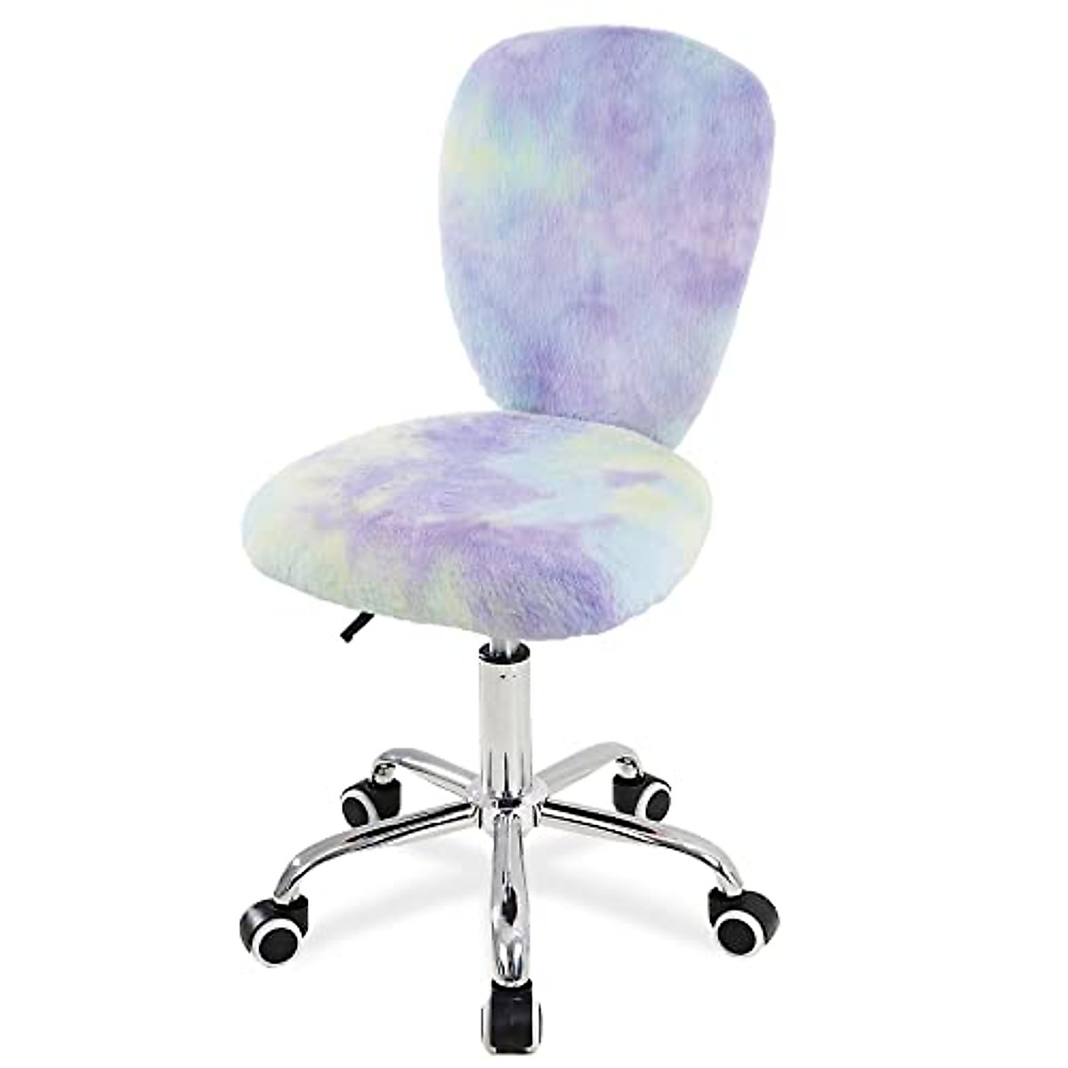 wangji Fuzzy Desk Chair, Comfy Armless Furry Fur Chair with Swivel, Pastel Rainbow Yellow & Blue