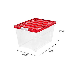 IRIS USA 54 Qt. Holiday Storage Bin with Lid, 4-pack, Stackable Holiday Storage Container with Lid and Latching Buckles for Holiday Decorations Accessories and Supplies, Clear/Red