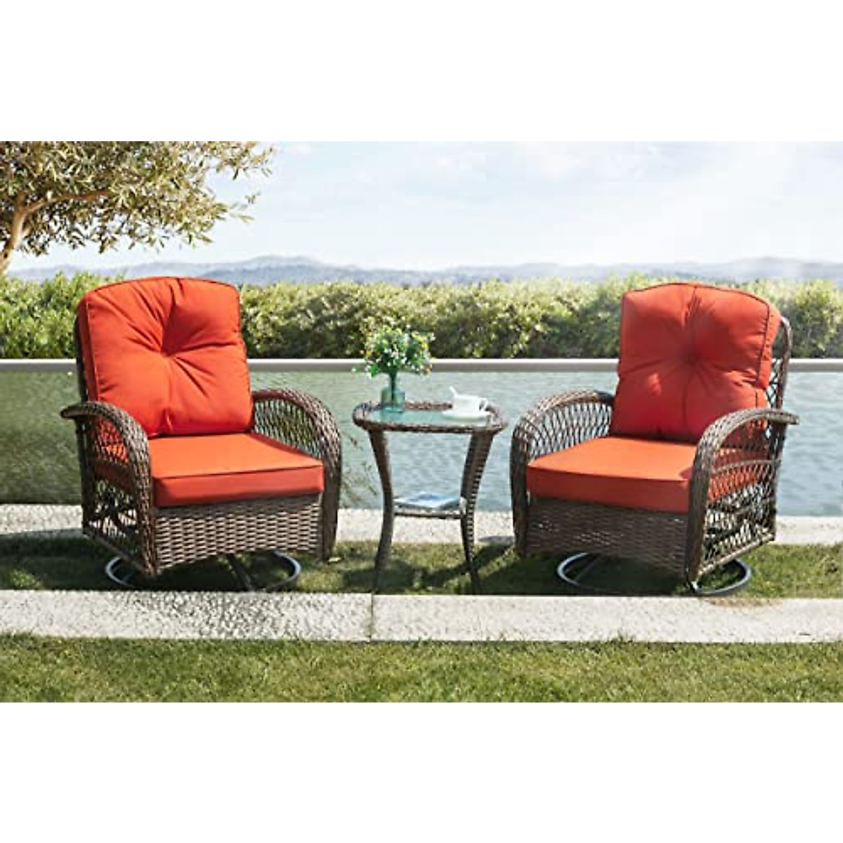 SHA CERLIN 3 Pieces Patio Furniture Set, Outdoor Swivel Glider Rocker, Wicker Patio Bistro Set with Rocking Chair, Cushions and Table (Red)