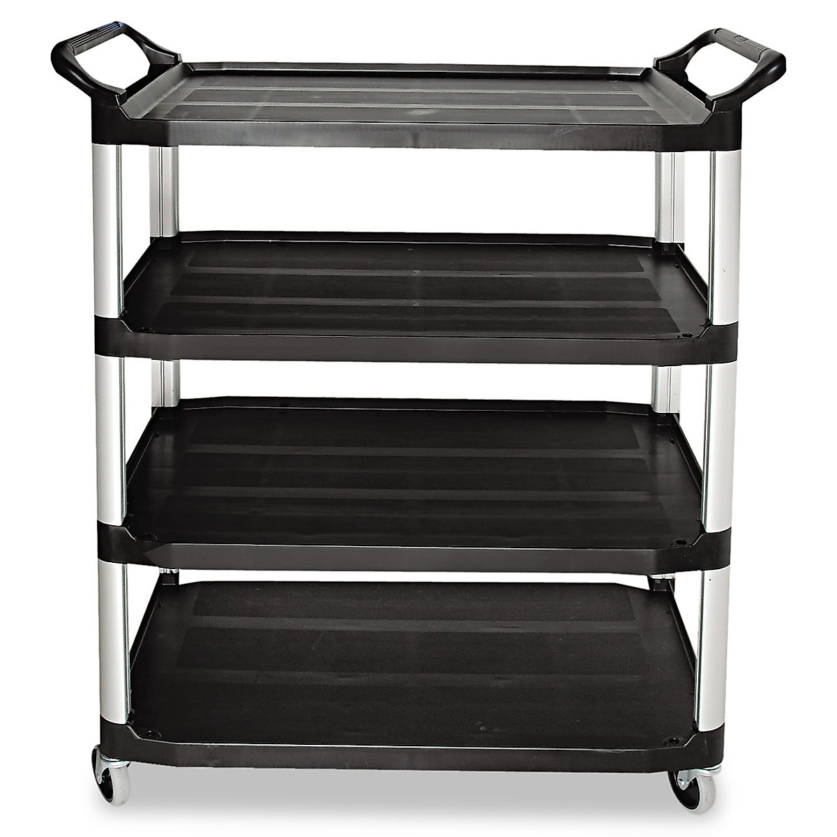Rubbermaid Commercial Products Heavy Duty 4-Shelf Rolling Service/Utility/Push Cart, 300 lbs. Capacity, Platinum, for Foodservice/Restaurant/Cleaning (FG409600BLA)