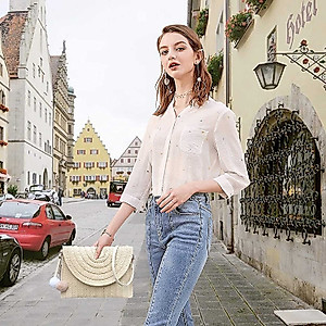 WILDAURORA Straw Shoulder Bag Straw Clutch Women Hand-woven PomPom Straw Crossbody Bag Summer Beach Envelope Purse Wallet