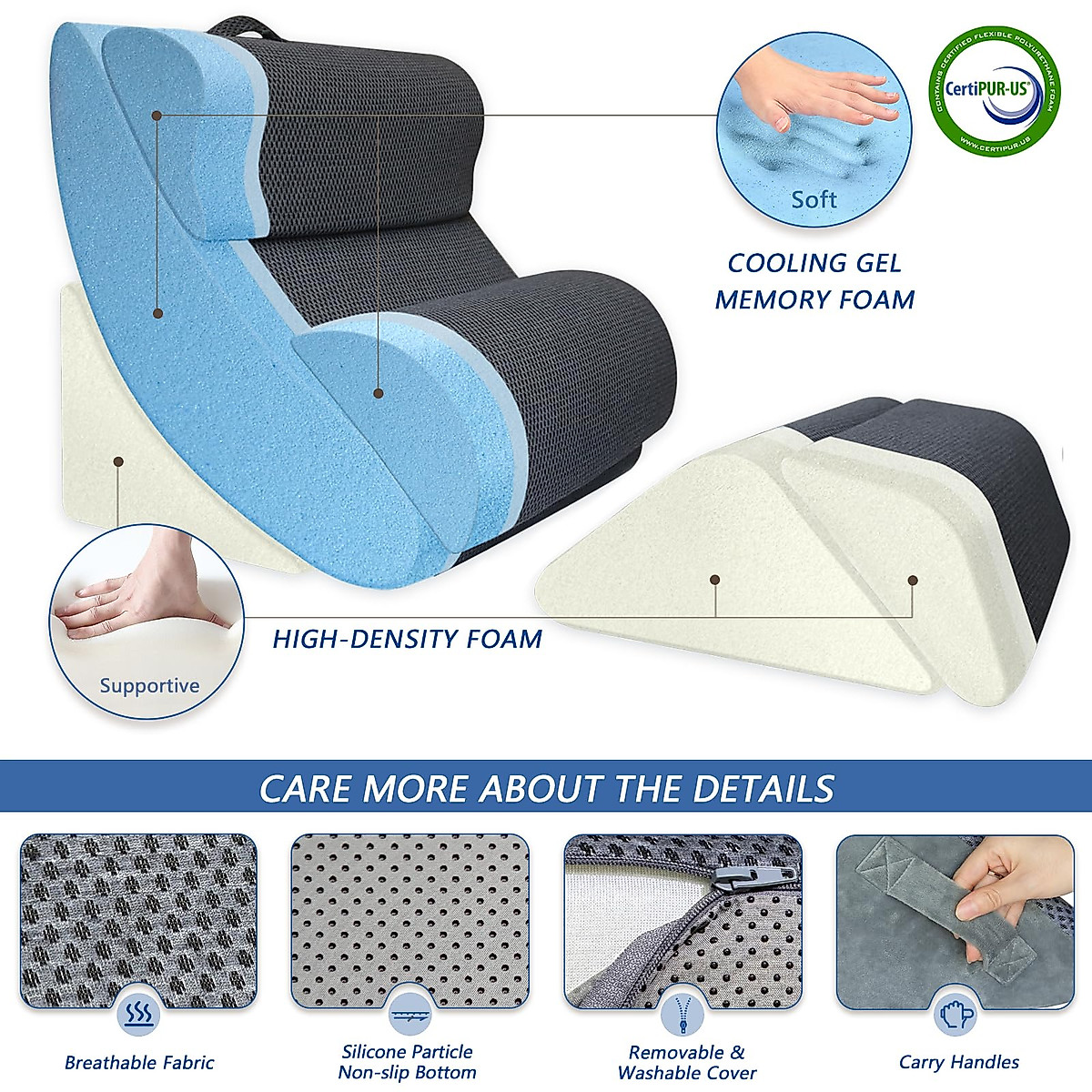 6PCS XL Orthopedic Bed Wedge Pillow for Sleeping, Gel Memory Foam Post Surgery Pillow Set for Back, Neck, Leg Support, Acid Reflux, Gerd, Anti Snoring, with Washable Cover & Travel Bag (Gray, 24'' W)