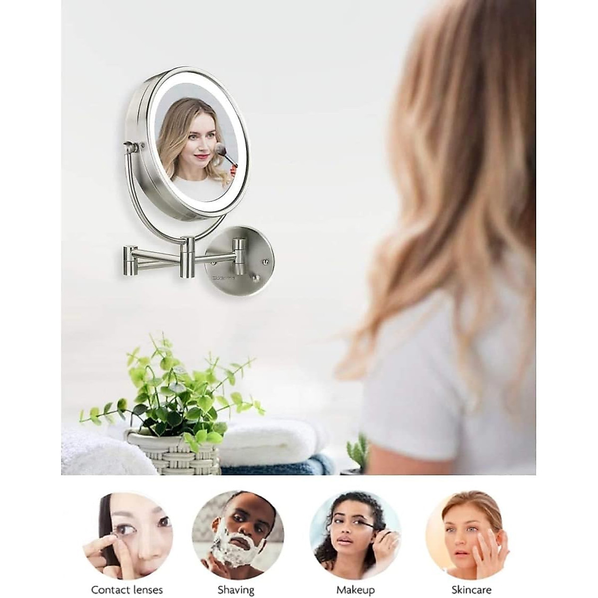 OVENTE 9" Lighted Wall Mount Makeup Mirror with 1X/7X Magnification, Double Sided Magnifying Vanity Mirror, LED Glow Light, 360° Swivel Design, Extendable & Folding Arm, Nickel Brushed MPWD3185BR1X7X