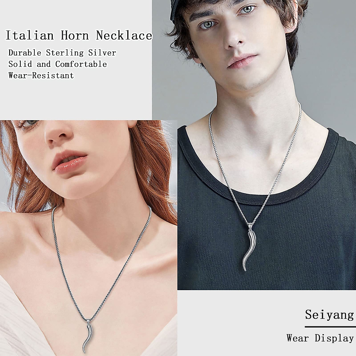 Italian Horn Necklace 925 Sterling Silver Lucky Chili Pendant Italian Amulet Jewelry Silver Italian Horn Charm Protection Cornicello Gift for Men Women Father’s Day