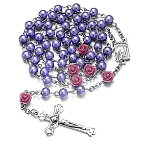 Pearl Rose Beads Rosary Catholic Necklace Holy Soil Medal Cross Crucifix-6 Packs