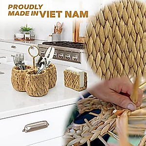 GAIAMADE Wicker Utensil Caddy Bundle, Silverware Organizer, Wicker Flatware Organizers, Cutlery Holder With Tissue Holder