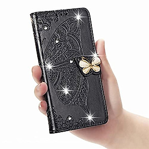 ONV Wallet Case for OnePlus N20 SE -1.5M Adjustable Strap Emboss Butterfly Flip Phone Case Card Slot Magnet Leather Shell Flip Stand Cover for OnePlus N20 SE [ZS] -Black