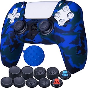9CDeer 1 Piece of Silicone Transfer Print Protective Cover Skin + 10 Thumb Grips for PlayStation 5 / PS5 Controller Paint Blue