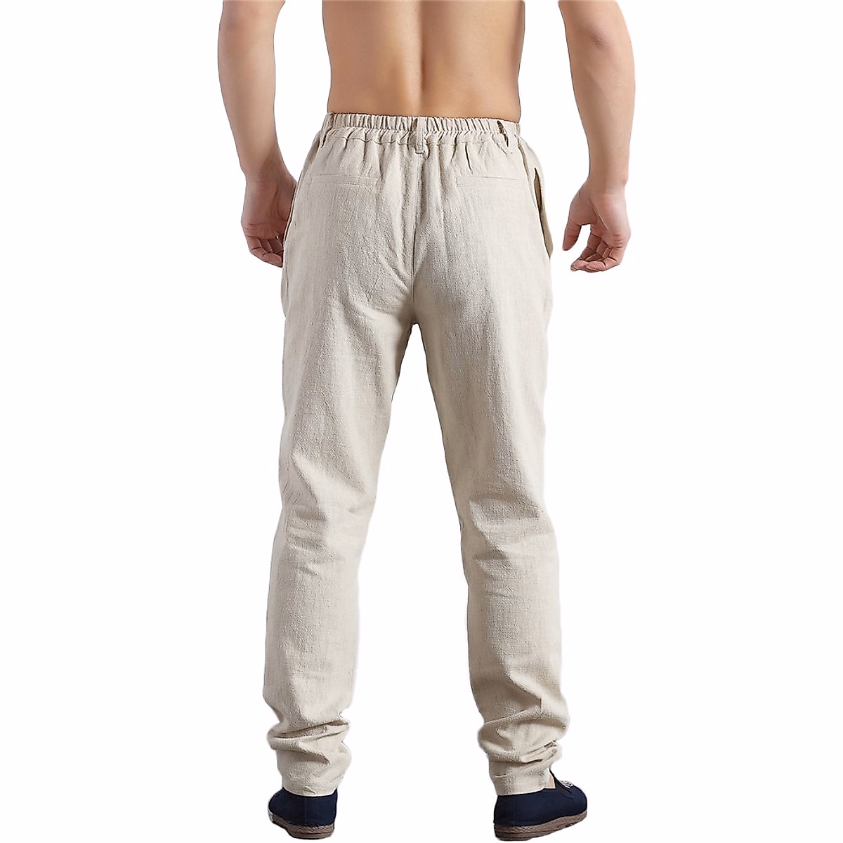 LZJN Men's Linen Slim-Fit Casual Pants LeisureTrousers Back Elastic Waistband with Pockets (Beige, XL)