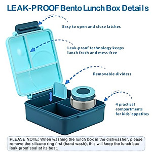 Bento Lunch Box Set for Kids with 8oz Soup Thermo, Leak-Proof Lunch Containers with 4 Compartment, Kids Thermo Hot Food Jar and Insulated Lunch Bag for Kids to School-Blue