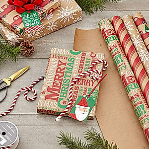 Hallmark Kraft Christmas Wrapping Paper with Cutlines on Reverse (4 Rolls: 88 sq. ft. ttl) Red Trucks, Snowflakes, Red Stripes, Merry Christmas
