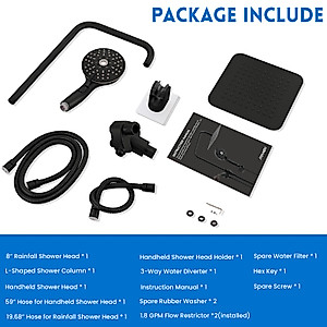 Ryamen Dual Shower Head Combo, Black 8'' High Pressure Rain/Rainfall Shower Head,5 Settings Adjustable Handheld Showers,with 15" Height Adjustable Slide Bar,Holder/59’‘ Hose