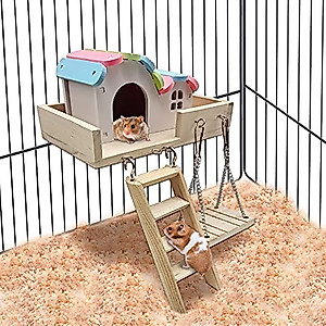 Hamster Platform with Ladder,Wooden House Hut Hideout Swing Rat Playground Activity Set with Climbing Ladders Play Toys for Mouse,Gerbil, Small Animals