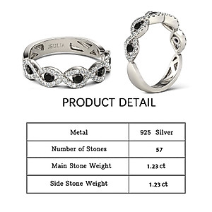 Jeulia Engraved Half Eternity Wedding Band Sterling Silver Sapphire Blue Stackable Engagement Rings White Diamond Cubic Zirconia CZ Anniversary Promise Rings with Jewelry Box (Black, 6.5)