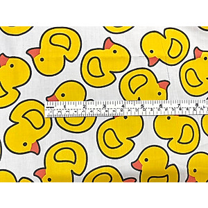 AMORNPHAN 44 Inch Yellow Bird Happy Rubber Duck Printed On White Cotton Fabric Themed Pattern with Ducks for Craft Cloth Kid Patchwork Handmade Sewing Crafting for 1 Yard