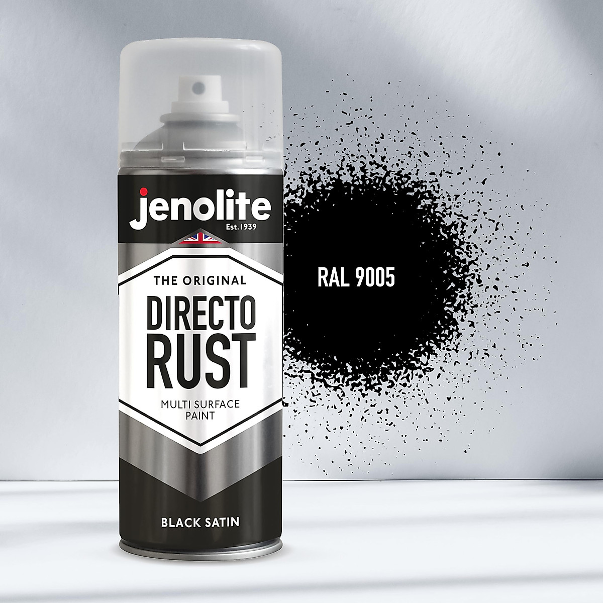 JENOLITE Directorust Satin Spray Paint | BLACK | 400ml (13.52fl oz) | Semi-Gloss Spray Paint | Wood, Metal, Plastic, Ceramic & Rusted Surfaces | Interior & Exterior Use | RAL 9005