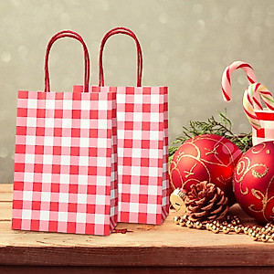 30 Pieces Gingham Gift Bags Kraft Paper Bag Christmas Buffalo Plaid Bag Present Bag Party Favor Bag with Handle Goody Bag for Christmas Birthday Party Supplies, 5.91 x 8.27 x 3.15 Inch (Red White)