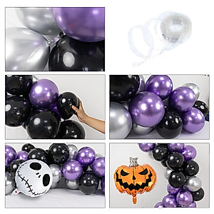 Skull Halloween Birthday Party Decorations - 141pcs Purple Black Balloon Garland Arch Kit with Pumpkin Skull Balloons for Nightmare Before Christmas, Day of the Dead, Halloween Baby Shower Decorations