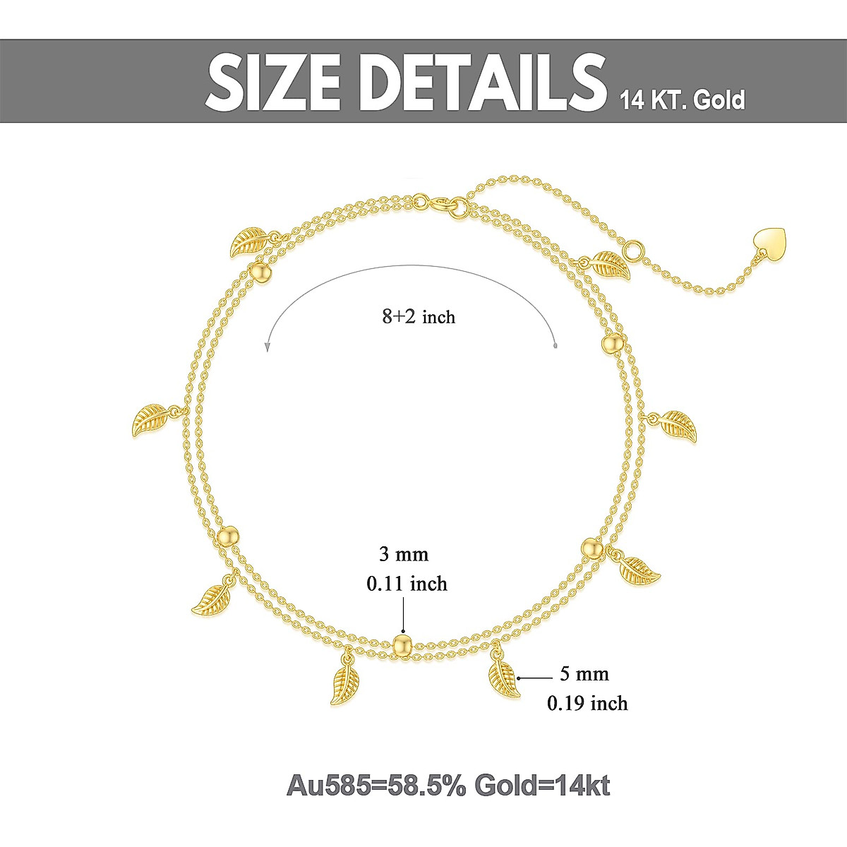 SISGEM 14K Real Gold Leaf Anklets for Women, Real Gold Beads Station Anklet Bracelet Tassel Double Foot Link Beach Anklets Anniversary Birthday Jewelry Gifts for Wife Mom 8''+2'' (Double Chains)