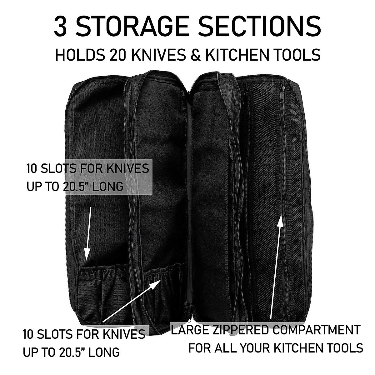 EVERPRIDE Chef Knife Bag PLUS Knife Guard Set (10-Piece Set) – Knife Carrying Bag Holds 20 Knives PLUS Kitchen Tools – Felt-Lined and BPA Free Knife Sheath Set – Knives Not Included