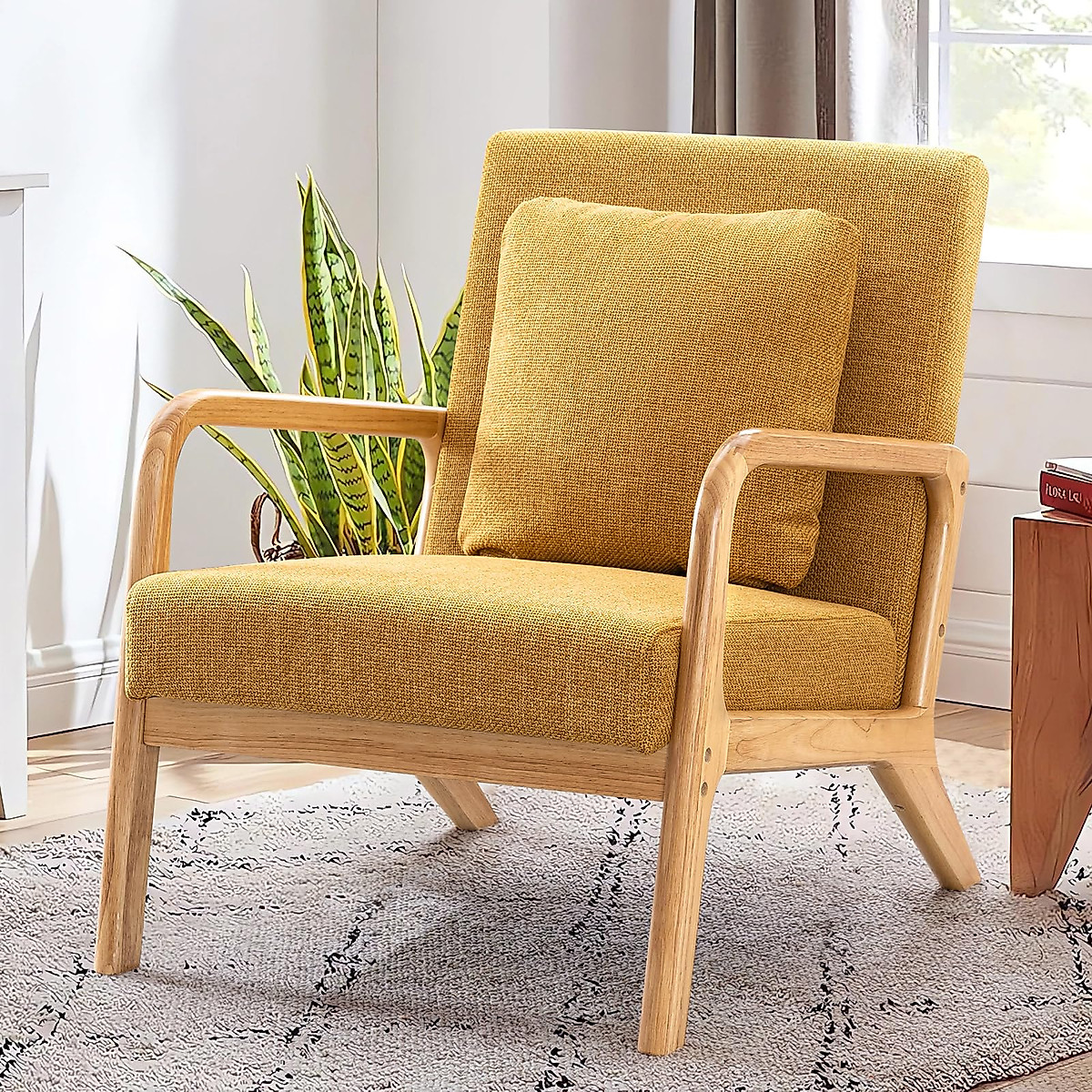 WACASA Accent Chair, Mid-Century Modern Side Chairs for Living Room, Bedroom, Balcony, Reading Room, Deeper Sitting Chair with Pillow, Comfortable Armchair with Solid Wood Frame & Soft Cushion,Yellow