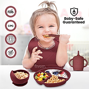 Silicone Baby Feeding Set - BPA-Free - Baby Led Weaning Supplies, Complete Kit toddler eating essentials – Empower Your Little One's Independence with LimOr's baby essentials 6-12 months (Red-Wine)