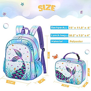 WAWSAM Glitter Mermaid Backpack Set - Sparkly School Backpack with Lunch Box for Girls Preschool Kindergarten Elementary 15” Blue Hiking Travel Book Bag Schoolbag Insulated Lunch Bag