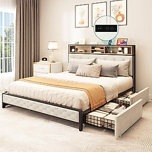 DWVO Queen Size Storage Bed Frame with 4-Drawer, Upholstered Platform Bed Frame with USB Charging Ports & Bookcase Headboard, Simple Setup, No Requirement for Box Spring (Beige)