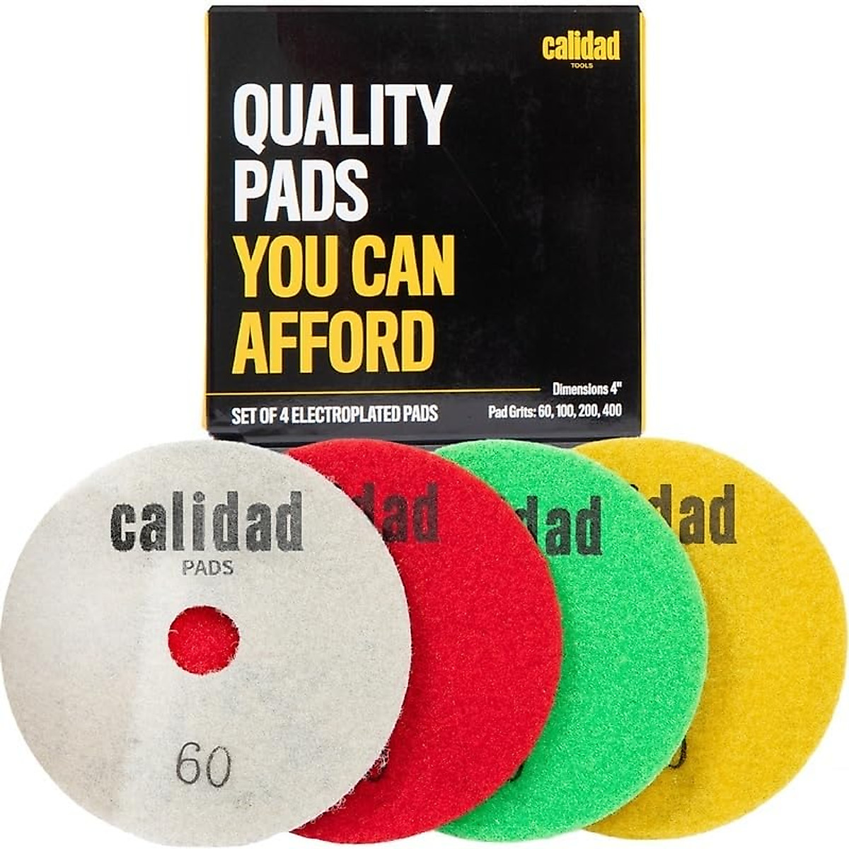 Calidad 4" Electroplated Diamond Polishing Pad Set for Perfect Finishing of Tile & Porcelain. Professional Pads for Angle Grinders. Expertly Designed for Dry/Wet Applications. Grits 60-100-200-400