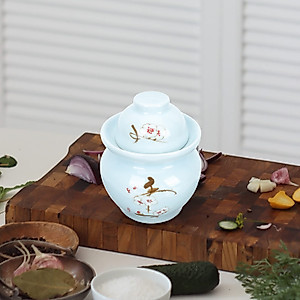 Luxshiny Pickle Jar Ceramic Chinese Pickling Jar Small Japanese Crock Kimchi Jar Pickled Cabbage Cylinder Tank Containers for Pickles Kimchi Appetizer Condiment - Blue