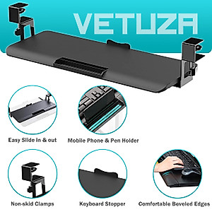 VETUZA Keyboard Tray Under Desk Keyboard Drawer Adjustable Height C-Clamp Mount System for Typing Easy Installation