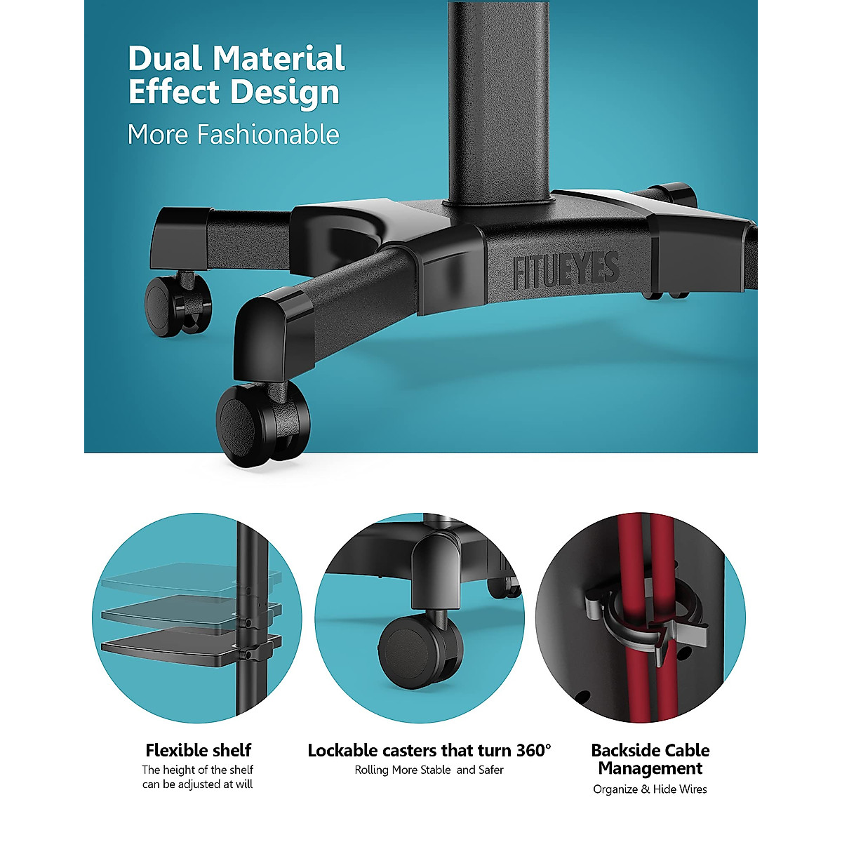 FITUEYES Tall TV Cart Mobile TV Stand for 32 to 70 Inch LED LCD Flat Curved Screen TVs Rolling Black Swivel Floor Stand with Height Adjustable Shelf & Lockable Casters - VESA 600x400mm, holds up 88lbs