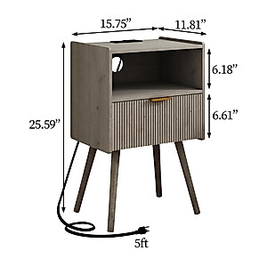 JOONEE Nightstand with Outlet,Modern Bedside Table with Storage Drawer and Open Wood Shelf, for Living Room, Bedroom and Small Spaces, Accent Night Stand with Solid Wood Legs, Easy Assembly,Grey Oak