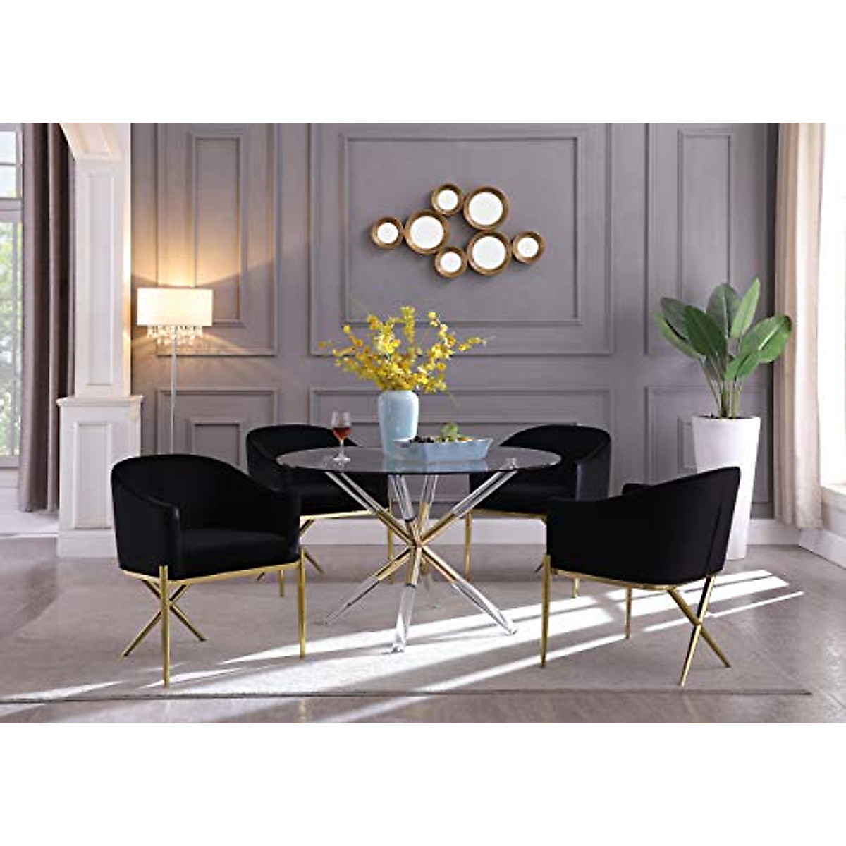 Meridian Furniture Mercury Collection Modern | Contemporary Tempered Glass Top Dining Table with Acrylic and Gold Durable Metal Base, Round