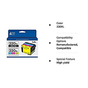 High Yield 220XL Ink Cartridges Remanufactured Replacement for Epson 220 XL Combo Pack Use with WF-2760 WF-2750 WF-2660 WF-2650 WF-2630 XP-424 XP-420 XP-320（ Black Cyan Magenta Yellow 4 Pack）