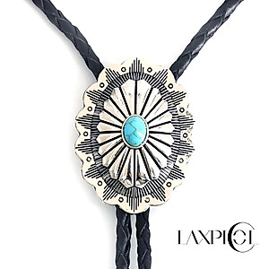 LAXPICOL Vintage Turquoise Stone Bolo Tie For Men Western Cowboy Oval Cool Retro Bola Tie Necktie