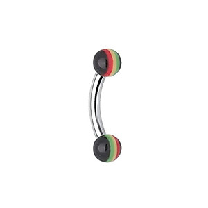 Jamaican Rasta Stripe Acrylic Curved Barbell Eyebrow Ring (16 GA, Length:8mm, Ball:3mm)
