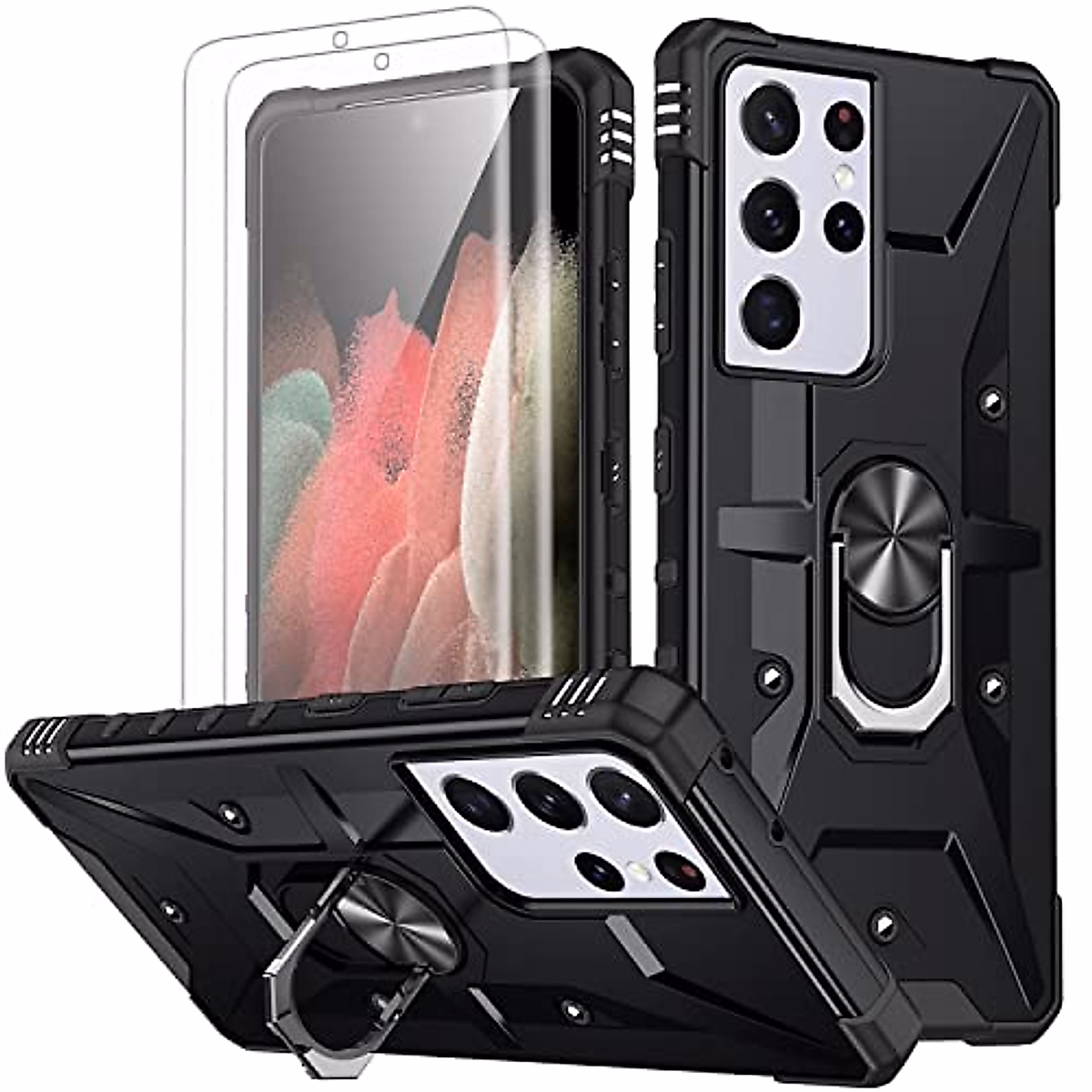 AKINIK for S21 Ultra Case, Samsung Galaxy S21 Ultra Case with Self Healing Flexible TPU Screen Protector 2 Pack, Military Grade Double Shockproof with Kickstand Case for Galaxy S21 Ultra (Black)