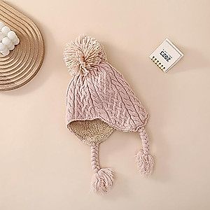 Baby Winter Beanies Cold Weather Hats Knitted Wool Pompom Hat Ear Flap Fleece Lined Beanie Hat for Newborn Baby 0-24M