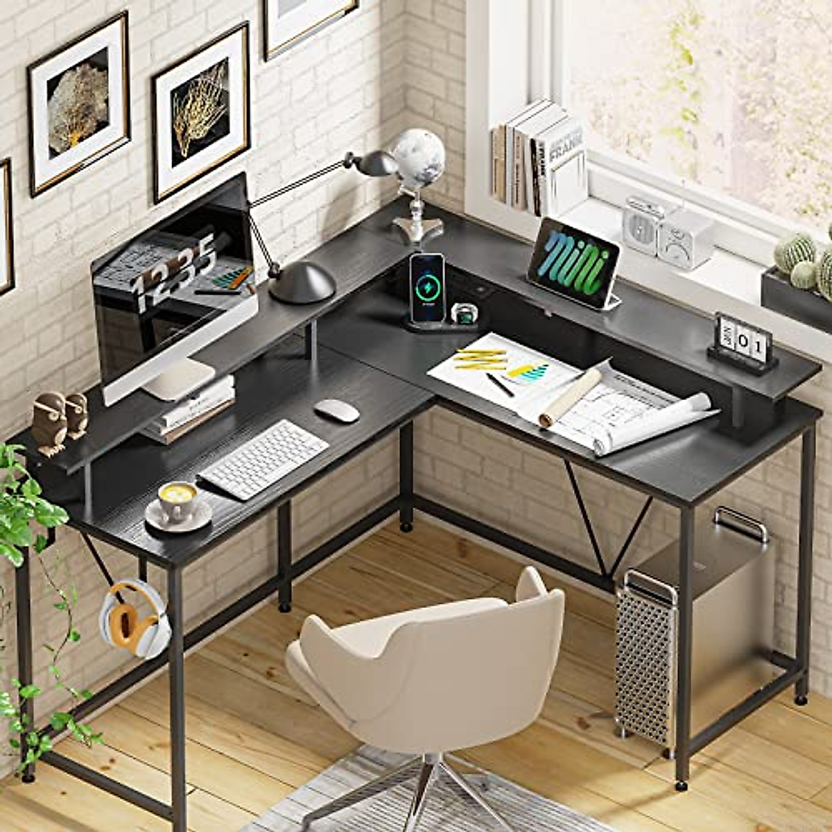 Huuger L Shaped Gaming Desk with LED Lights & Power Outlets, Computer Desk with Monitor Stand & Hooks, Home Office Desk, Corner Gaming Desk, Black