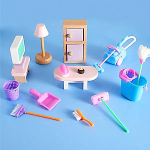 Vinsot 18 Pieces/ 2 Sets Miniature Dollhouse Cleaning Toy, Dustpan Dolls Mop Dust Pan, Brush, Broom, Bucket Housework Cute Cleaning Furniture Tools Kit Pretend Play Decoration Doll House Accessories
