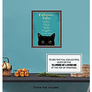 Bathroom Rules Wall Decor - Cat Bathroom Decor - Funny Bathroom Wall Art - Bath Wall Decor - Powder Room - Guest Bathroom - Restroom Sign - Blue Bathroom Decorations for Women, Kitty, Kitten Fan